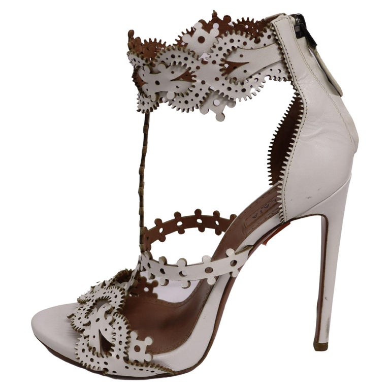 Alaia - 39 - White Laser Cut Leather Ankle Strap Sandals For Sale at ...
