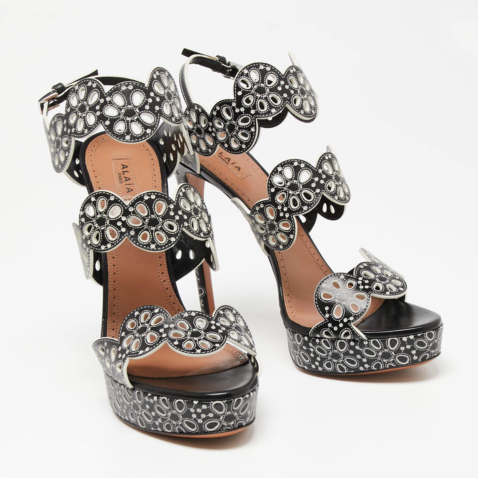 Alaia Black Laser Cut Leather Platform Strap Sandals Size 39.5 For Sale ...