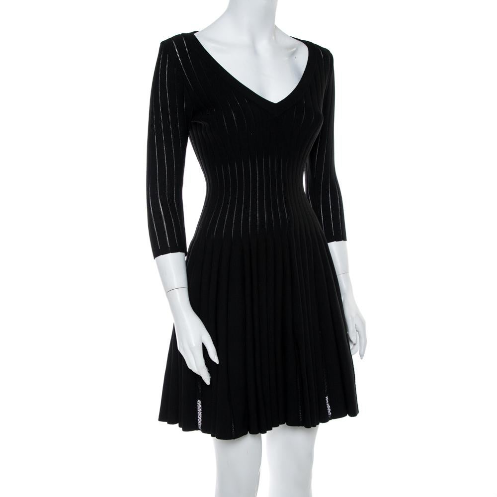 Alaia Black Perforated Rib Knit Fit and Flare Dress M at 1stDibs