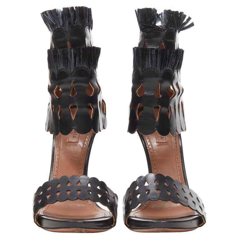 ALAIA black squiggle cut out raffia fringe platform high heel sandals ...