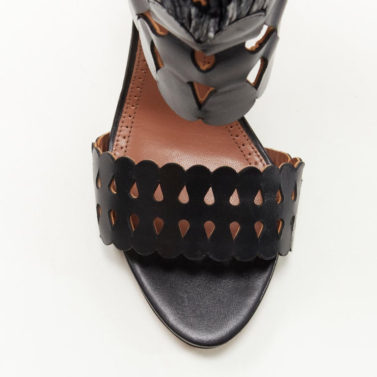 ALAIA black squiggle cut out raffia fringe platform high heel sandals ...