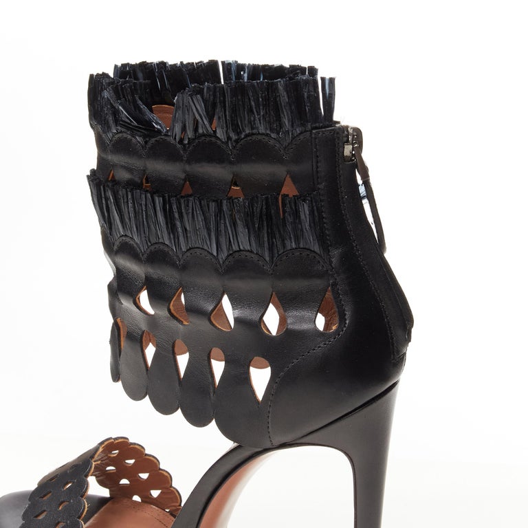 ALAIA black squiggle cut out raffia fringe platform high heel sandals ...