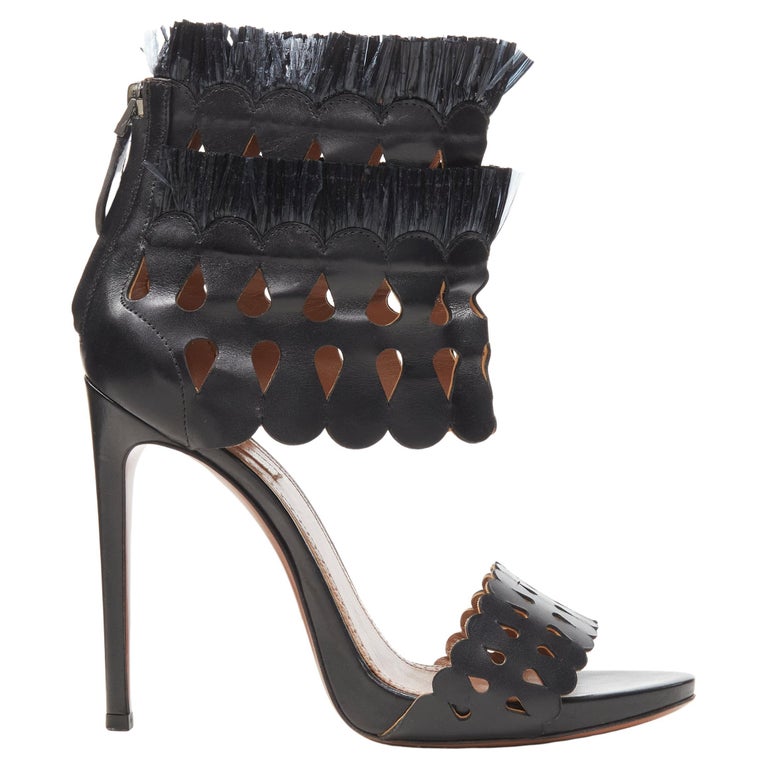 ALAIA black squiggle cut out raffia fringe platform high heel sandals ...