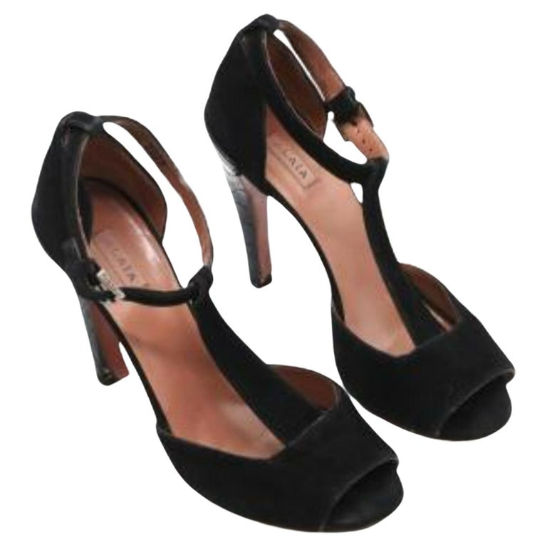 Alaia Black Suede and Croc Embossed T-bar Sandals For Sale at 1stDibs