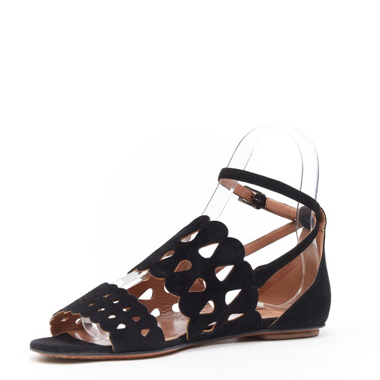 ALAIA black suede squiggly cut out strap open toe ankle wrap flat ...