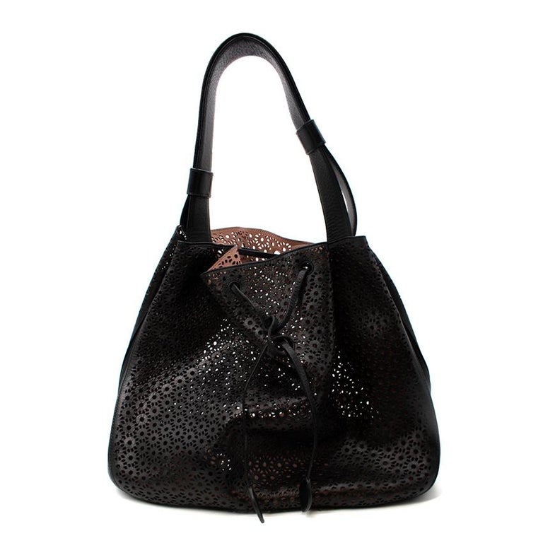 Alaia Medium Black Leather Laser Cut Tote Bag For Sale at 1stDibs
