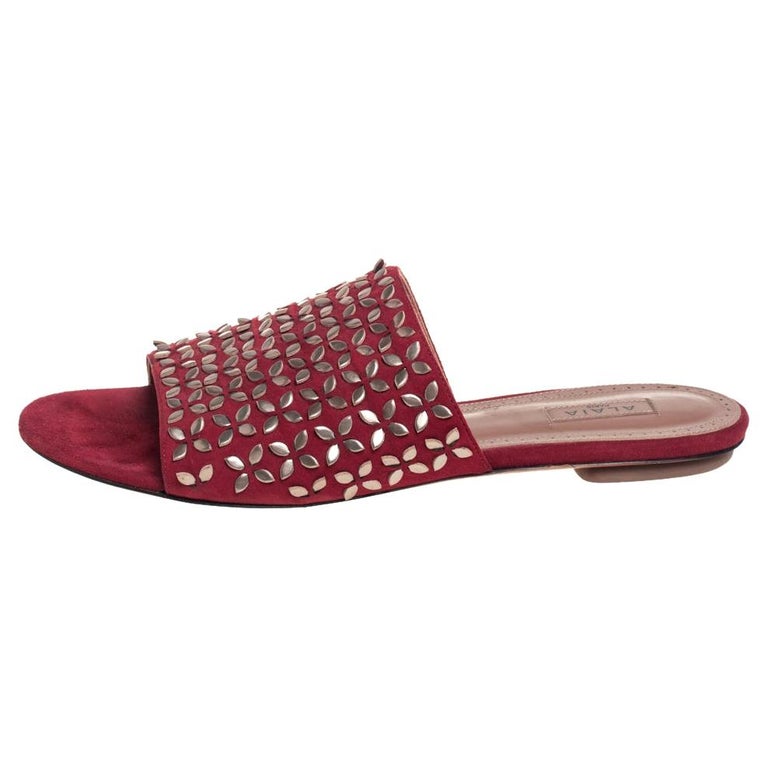 Alaia Red/Bronze Suede Embellished Flat Slides Size 37 For Sale at 1stDibs