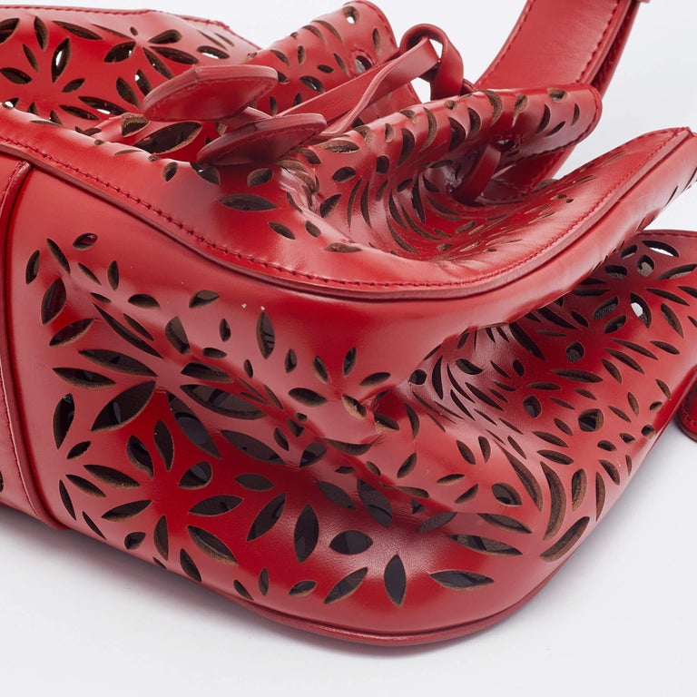 Alaia Red Perforated Leather Small Rose Marie Bucket Bag For Sale at ...