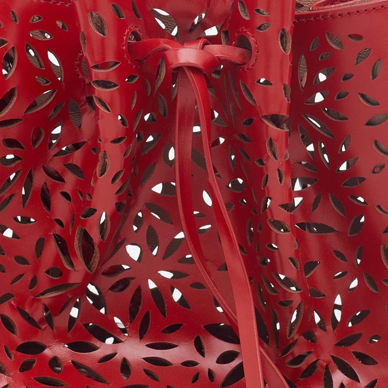 Alaia Red Perforated Leather Small Rose Marie Bucket Bag For Sale at ...