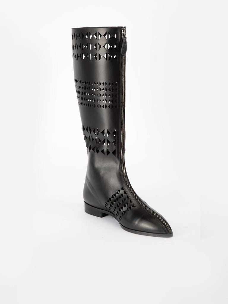 Alaïa Women's Black Laser Cut Detail Knee High Boots For Sale at 1stDibs