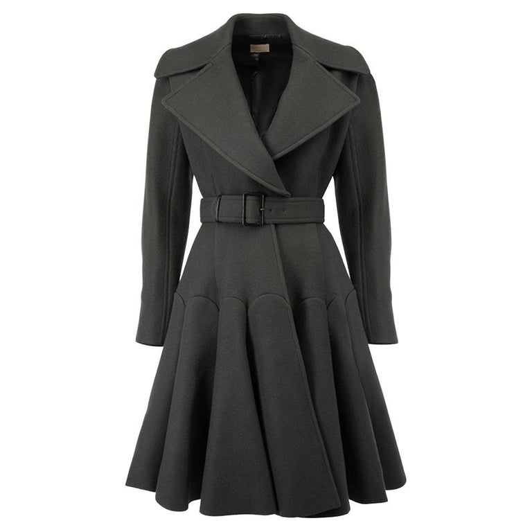 Alaïa Women's Gray-Green Wool Belted Skirted Coat For Sale at 1stDibs
