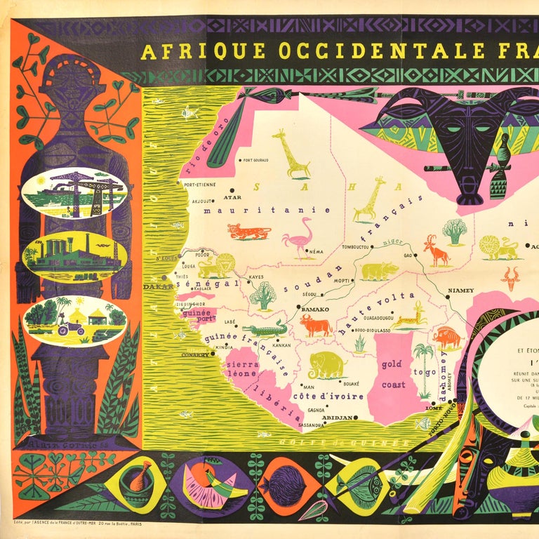 Alain Cornic - Affiche rétro originale, Carte de l'Afrique de l'Ouest ...