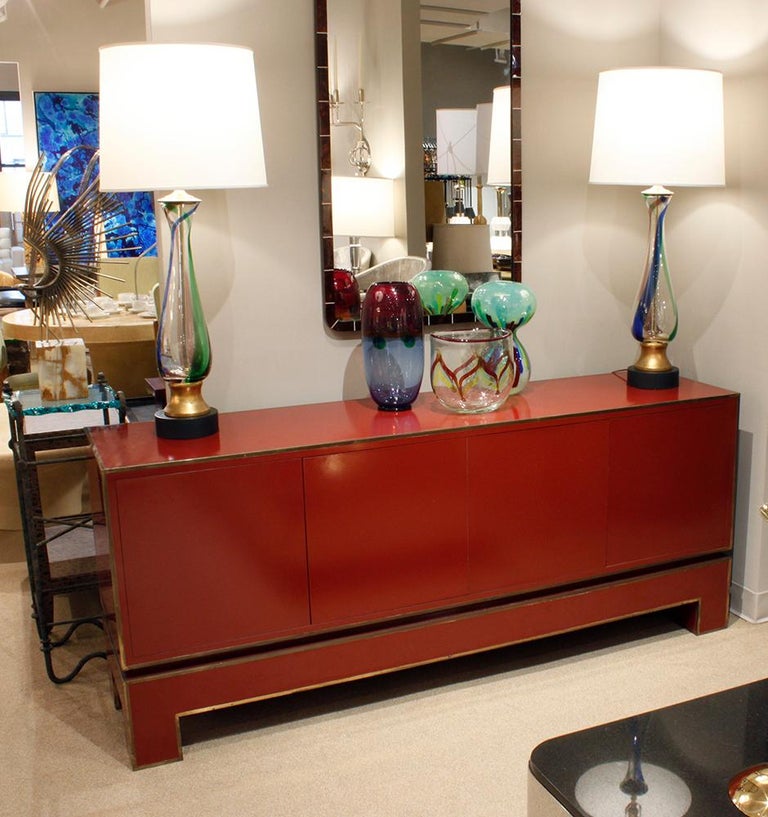 Alain Delon Chic Red Credenza with Brass Trim, 1970s ‘Signed’ at 1stDibs
