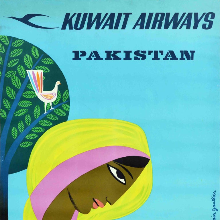 Alain Gauthier - Original Vintage Travel Poster Kuwait Airways Pakistan ...