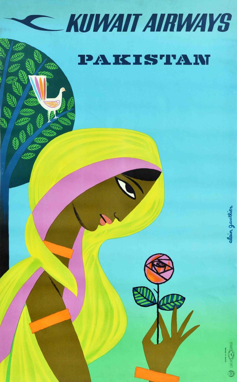 Alain Gauthier - Original Vintage Travel Poster Kuwait Airways Pakistan ...