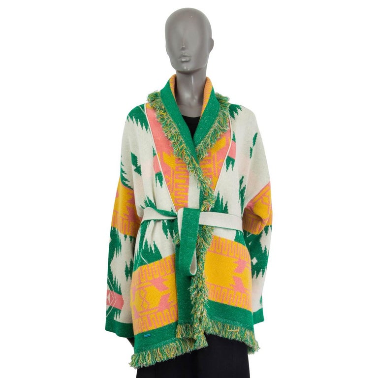 ALANUI white green orange cashmere ICON JACQUARD Belted Cardigan Knit ...