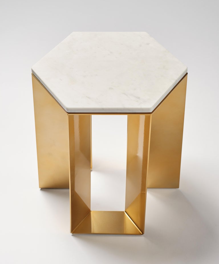 "Alato" Modern Metal Side Table with Shiny Gold Chrome and White Marble ...