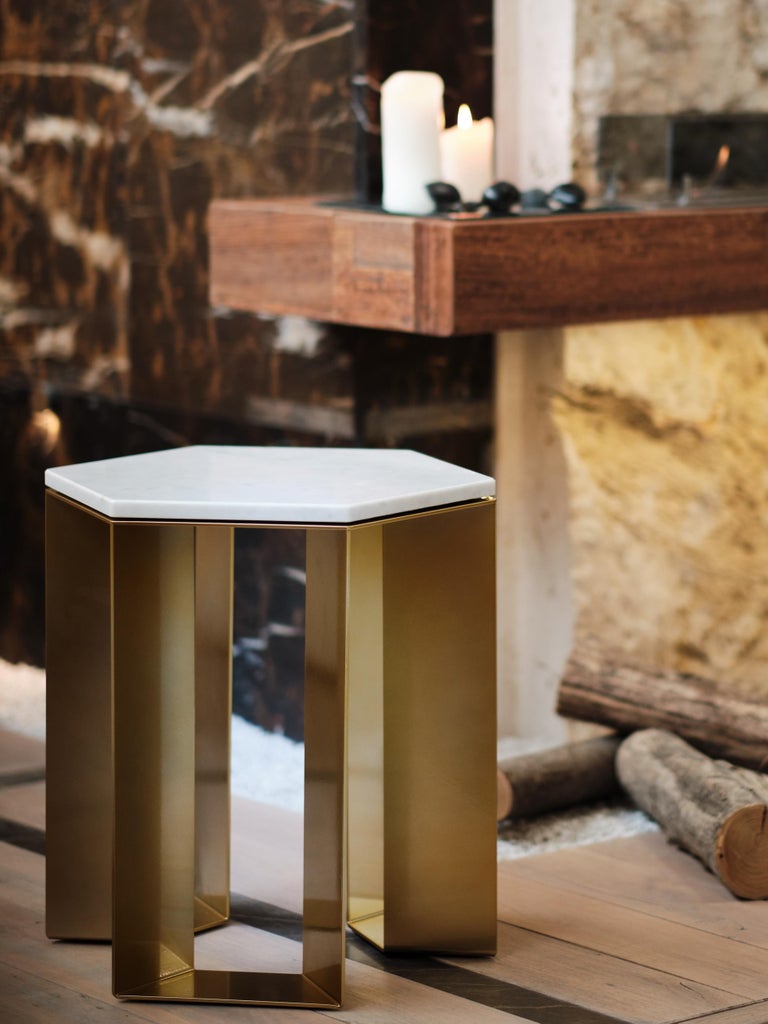 "Alato" Modern Metal Side Table with Shiny Gold Chrome and White Marble ...