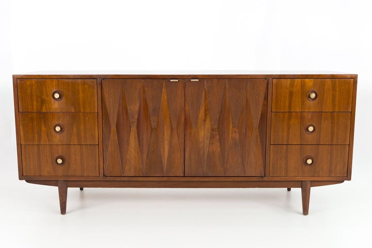 Albert Parvin for American of Martinsville MCM Diamond Walnut and Brass ...