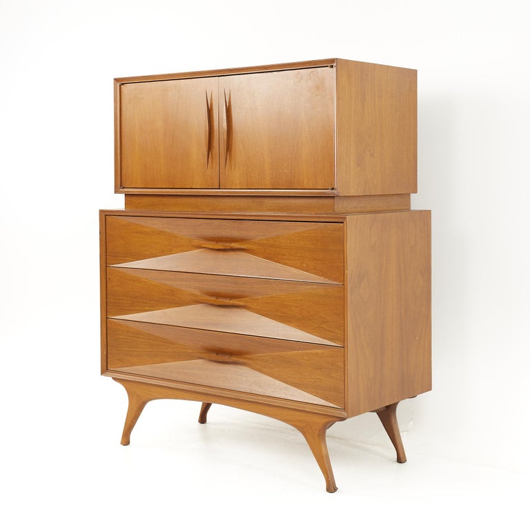 Albert Parvin Style Roma Mid Century Sculpted Walnut Highboy Dresser at ...