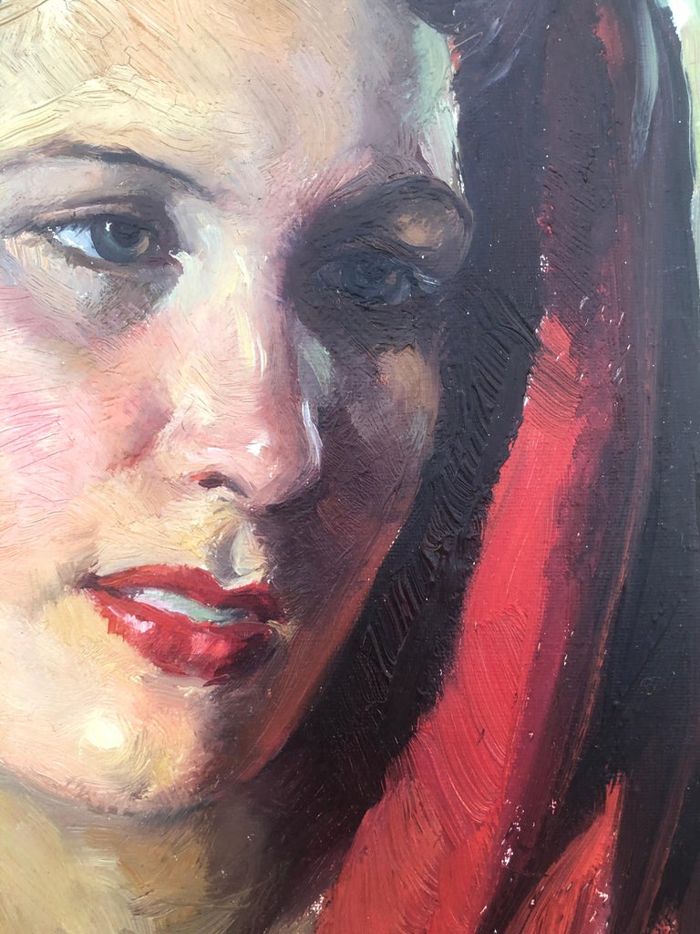 Albert Rafols Culleres - Woman with headscarf original oil on canvas ...