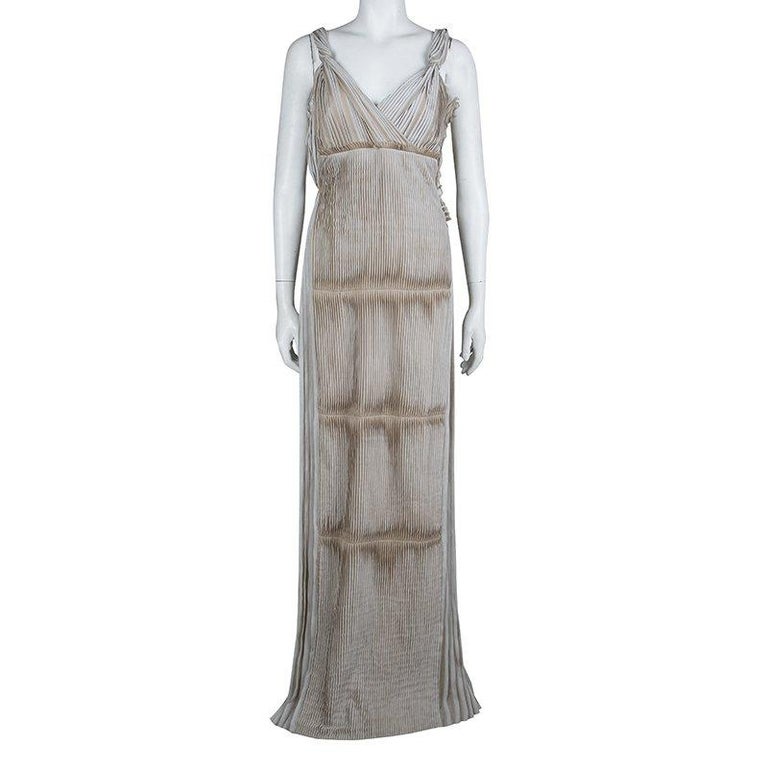 Alberta Ferretti Beige Silk Pleated Pintuck Detail Sleeveless Gown M ...