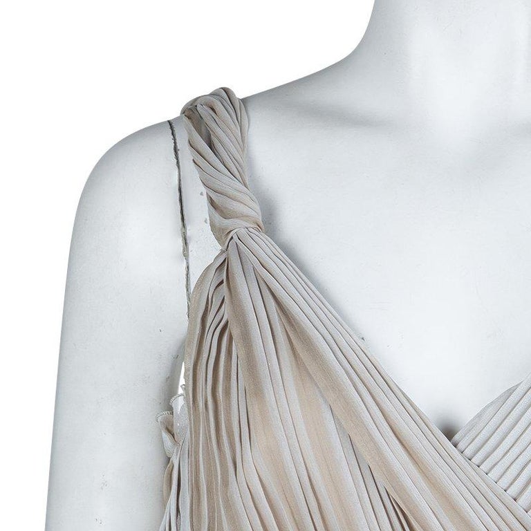 Alberta Ferretti Beige Silk Pleated Pintuck Detail Sleeveless Gown M ...