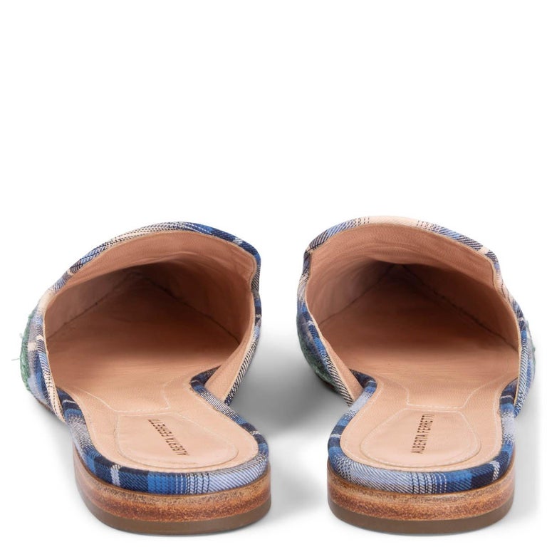 ALBERTA FERRETTI blue MIA FLORAL EMBROIDERED PLAID Mules Flats Shoes 38 ...