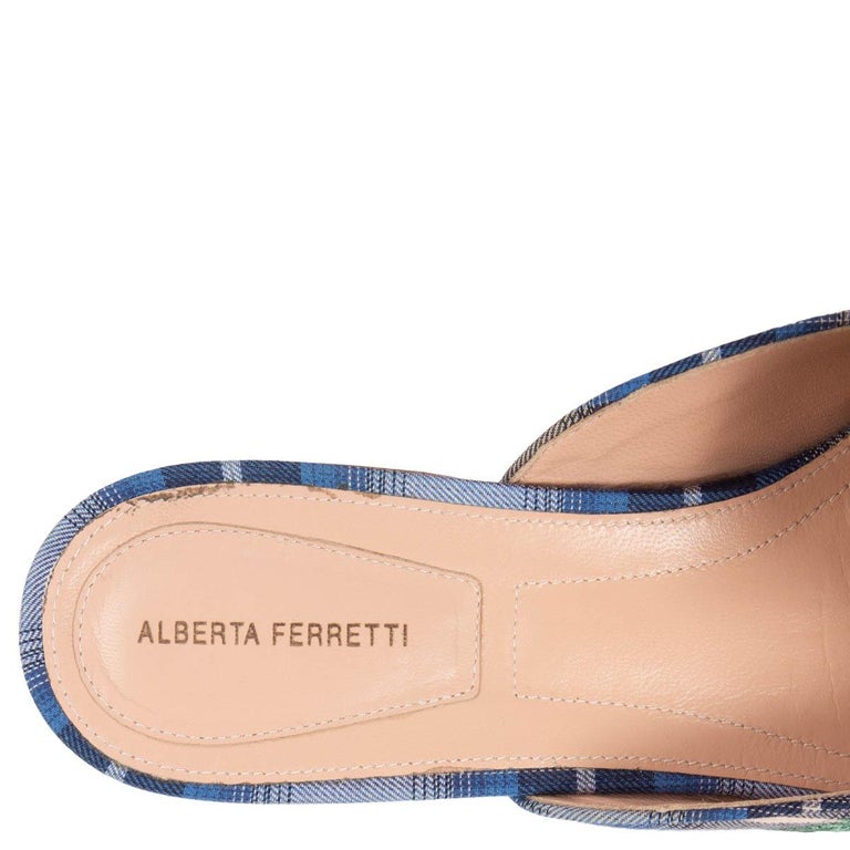 ALBERTA FERRETTI blue MIA FLORAL EMBROIDERED PLAID Mules Flats Shoes 38 ...