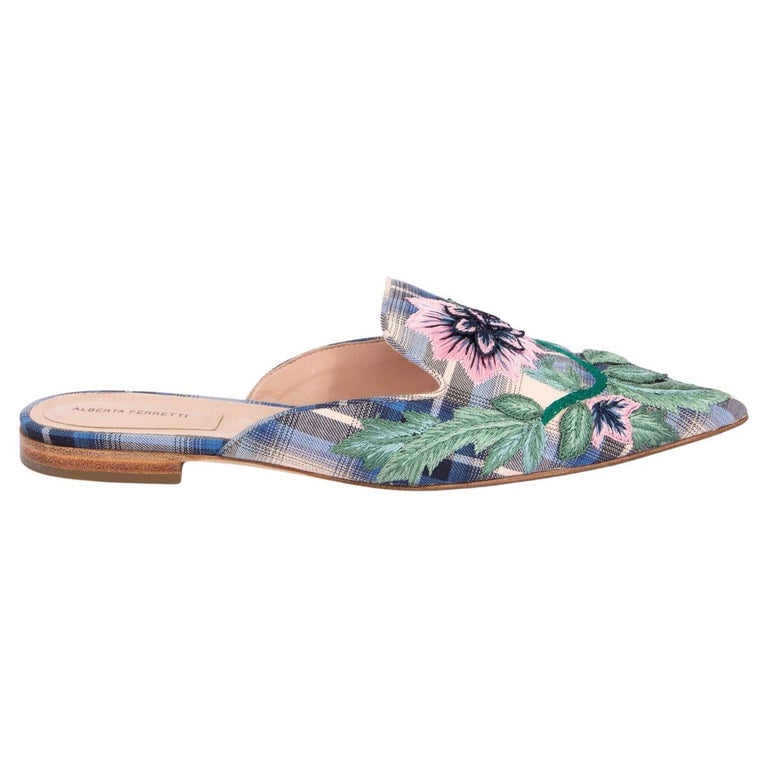 ALBERTA FERRETTI blue MIA FLORAL EMBROIDERED PLAID Mules Flats Shoes 38 ...