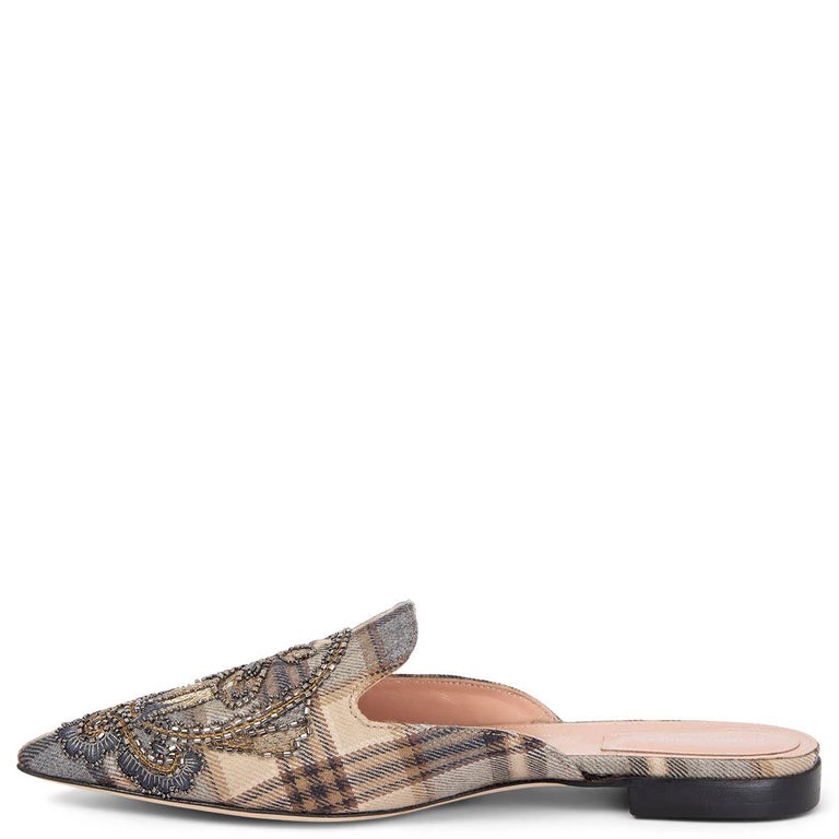 ALBERTA FERRETTI gray MIA FLORAL EMBROIDERED PLAID Mules Flats Shoes 38 ...
