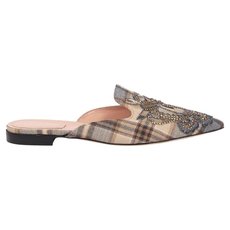 ALBERTA FERRETTI gray MIA FLORAL EMBROIDERED PLAID Mules Flats Shoes 38 ...