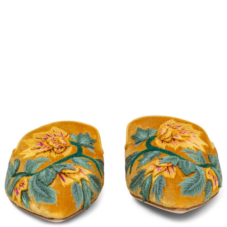 ALBERTA FERRETTI yellow EMBROIDERED VELVET MIA Mules Flats Shoes 38 at ...