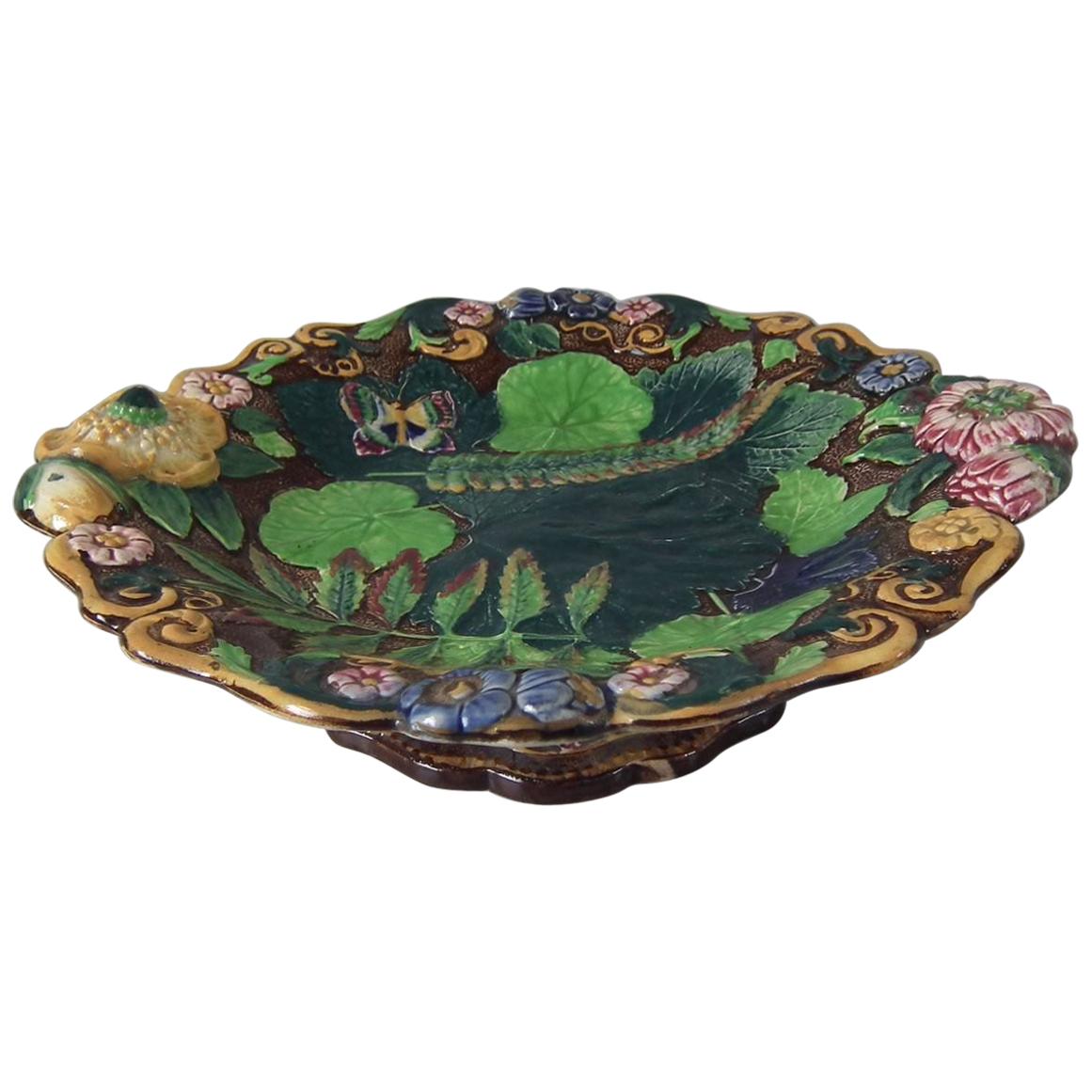 Alcock Majolica Butterfly, Flower and Leaf Comport at 1stDibs