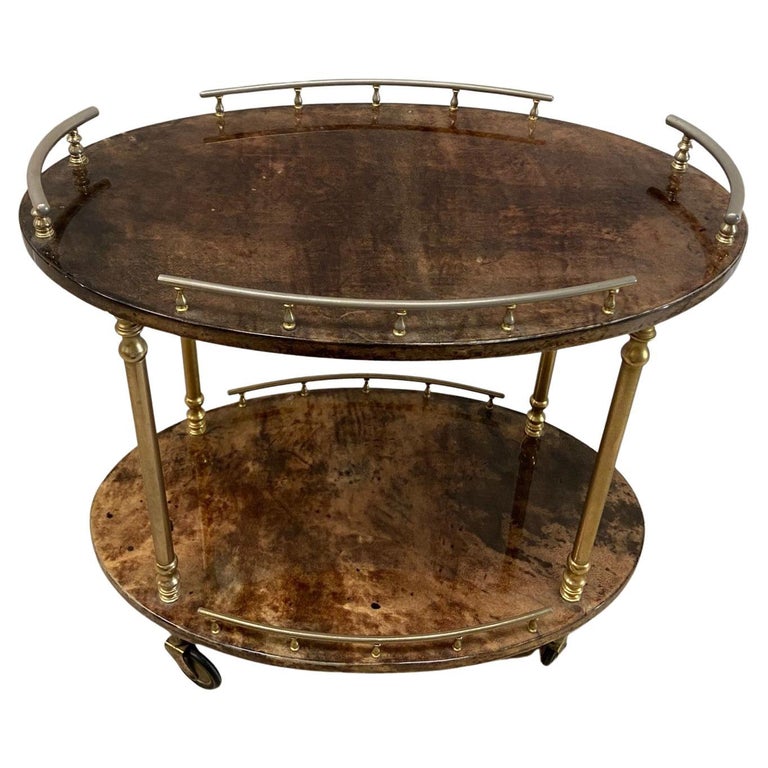Aldo Tura Italian Brown Bar cart try table, goatskin, brass,label En ...