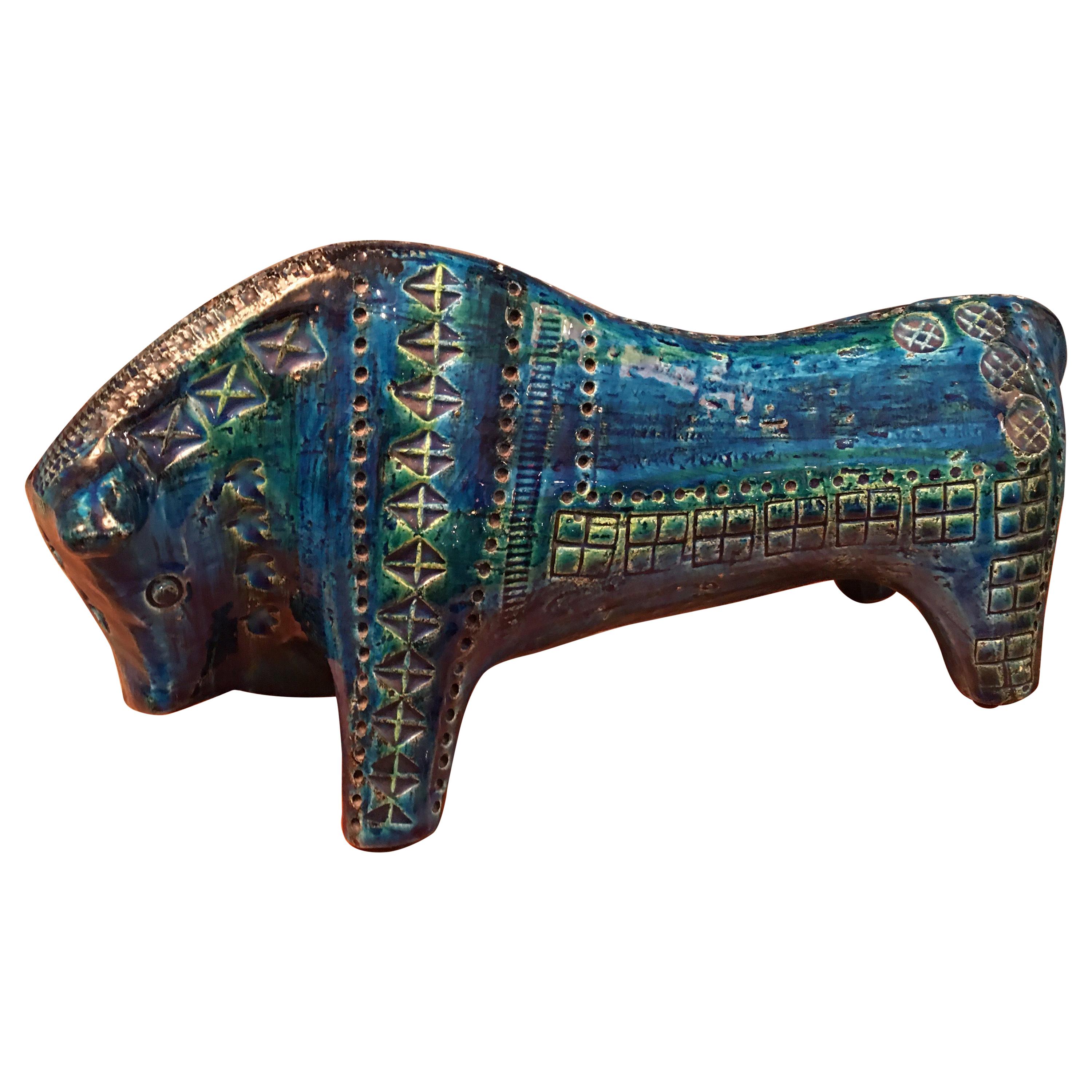 Aldo Londi for Bitossi Blue Ceramic Bull at 1stDibs