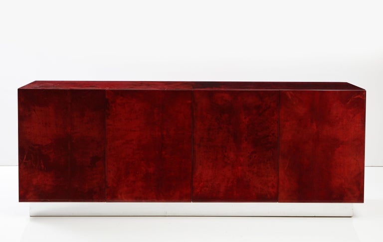Aldo Tura Blood Red Goatskin Cabinet, Chrome Plinth Base, Italy, 1960 ...