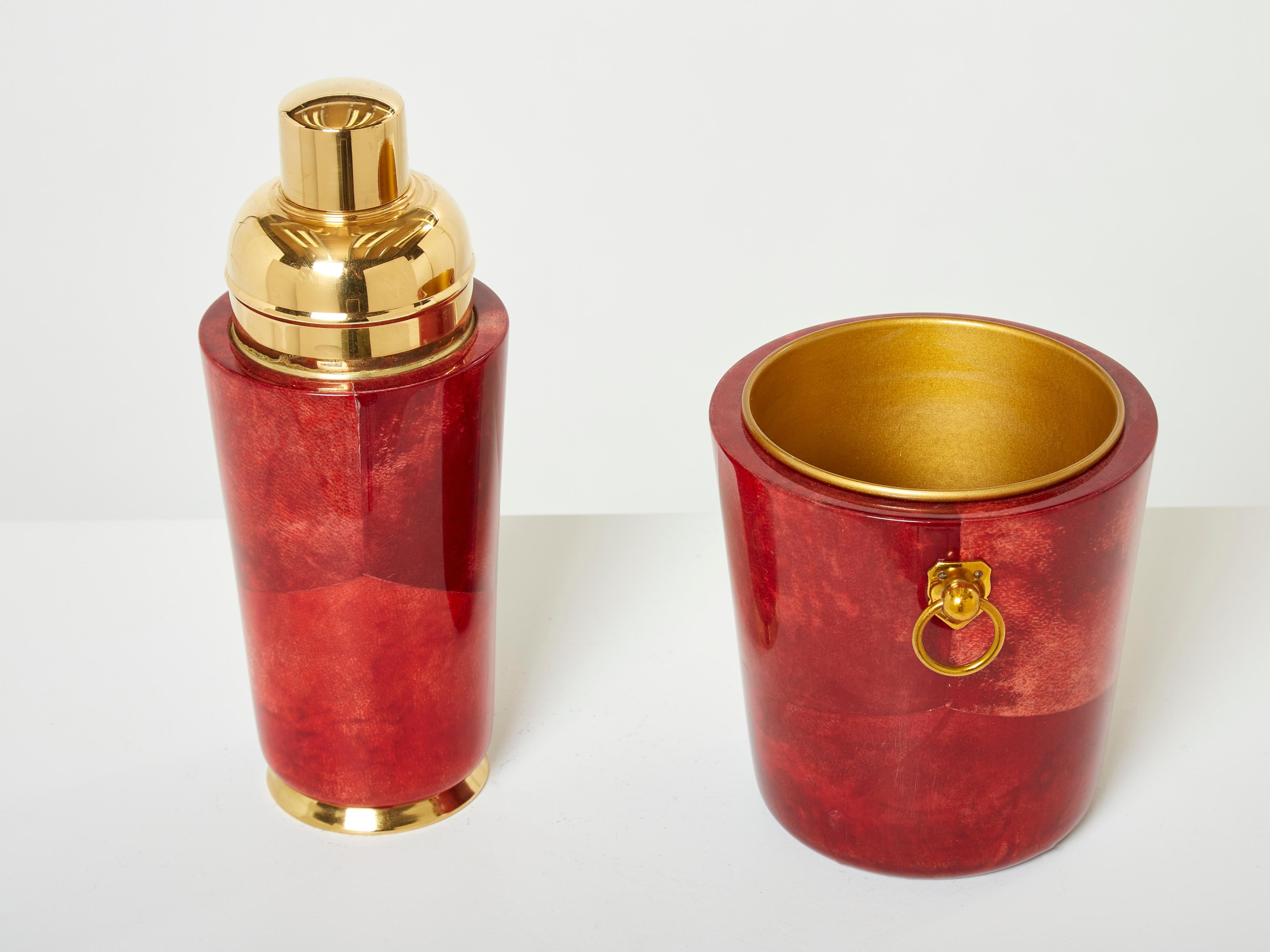 Aldo Tura Goatskin Brass Ice Bucket Cocktail Shaker Bar Set 1960 at 1stDibs
