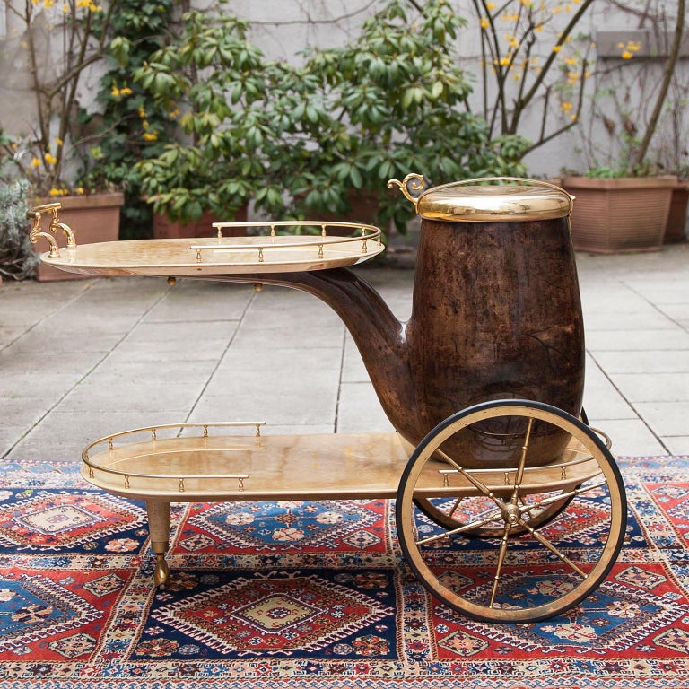 Aldo Tura Two Colour Goatskin Pipe Bar Cart For Sale at 1stDibs