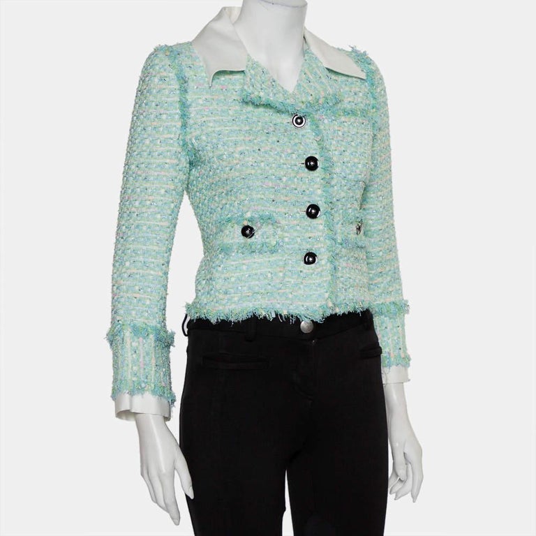 Alessandra Rich Aqua Green Tweed Button Front Cropped Jacket S For Sale ...