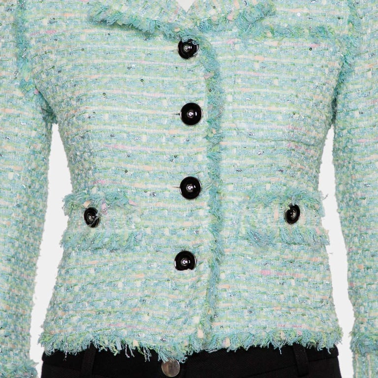 Alessandra Rich Aqua Green Tweed Button Front Cropped Jacket S For Sale ...