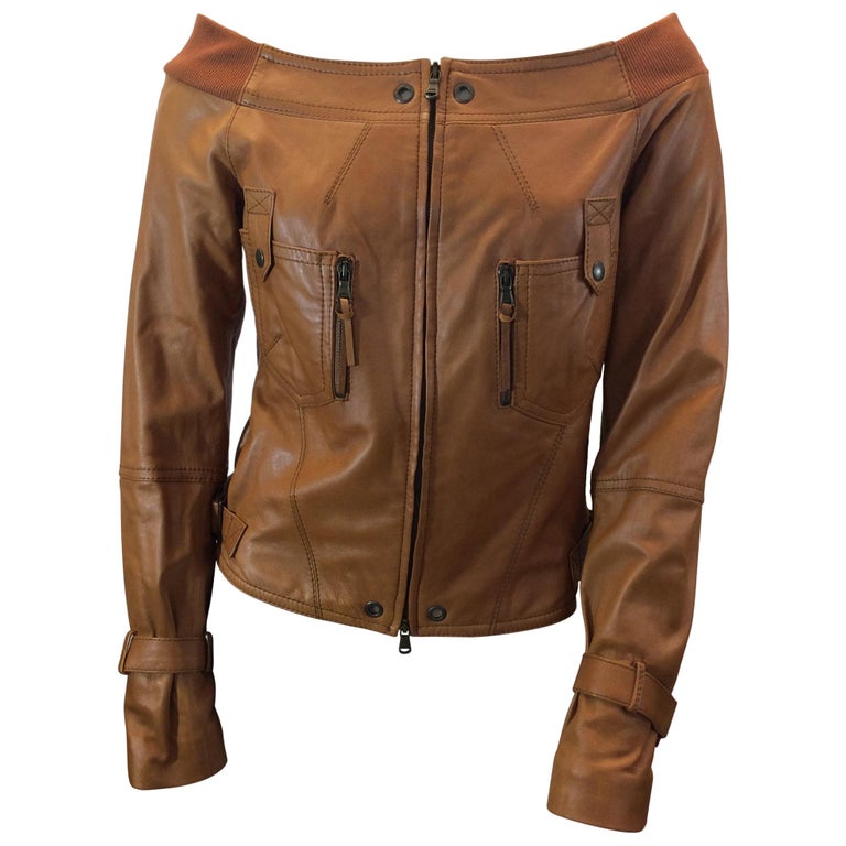 Alessandro Dell' Acqua Tan Leather Off The Shoulder Jacket NWT For Sale ...