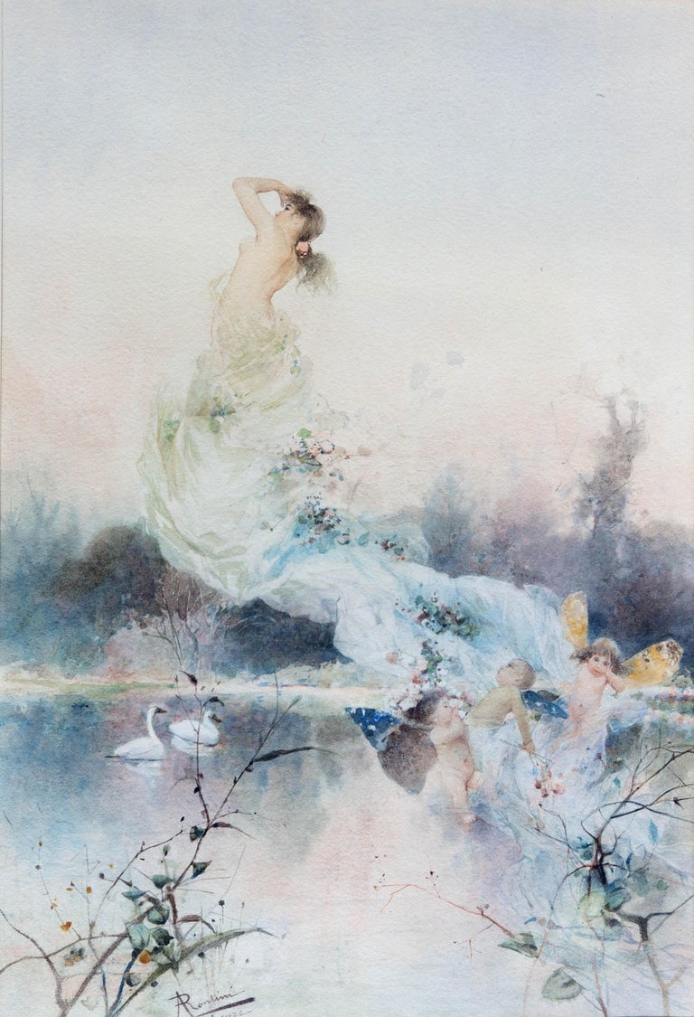 Alessandro Rontini - Art Nouveau Painting of a Maiden and Mischievous ...