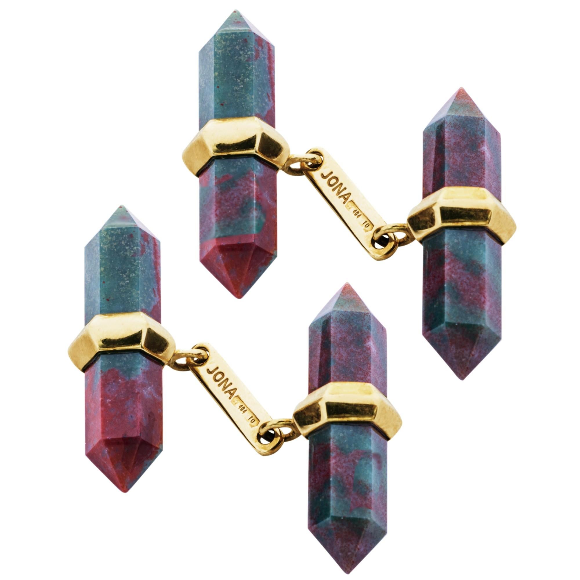 Alex Jona 18 Karat Yellow Gold Green-Red Jasper Prism Bar Cufflinks For ...