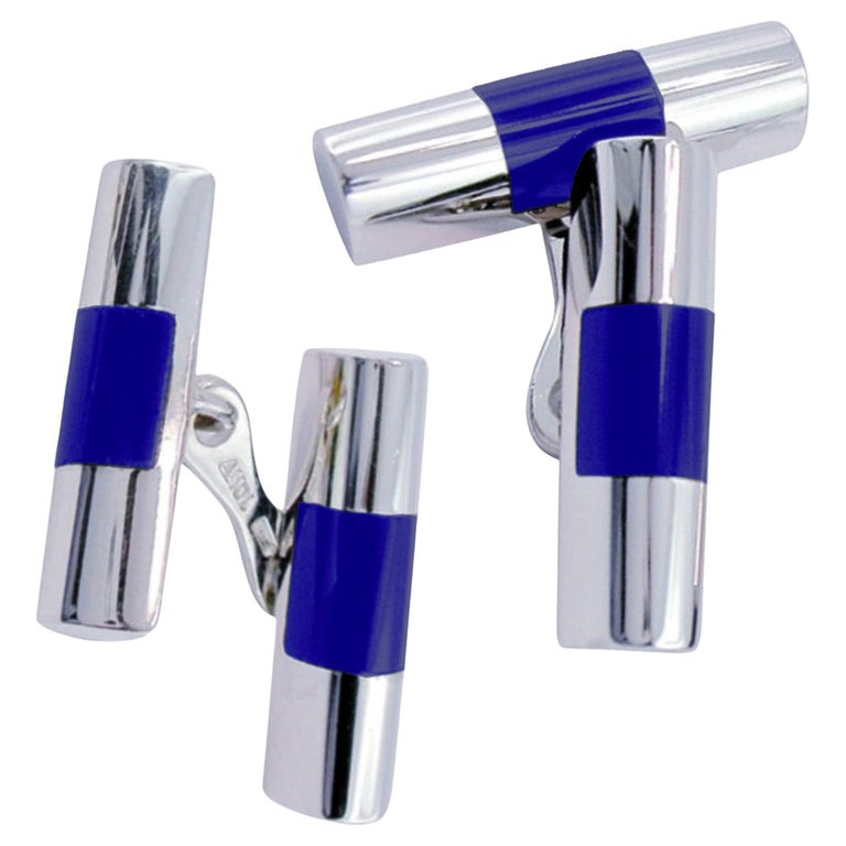 Alex Jona Blue Enamel Sterling Silver Bar Cufflinks For Sale at 1stDibs