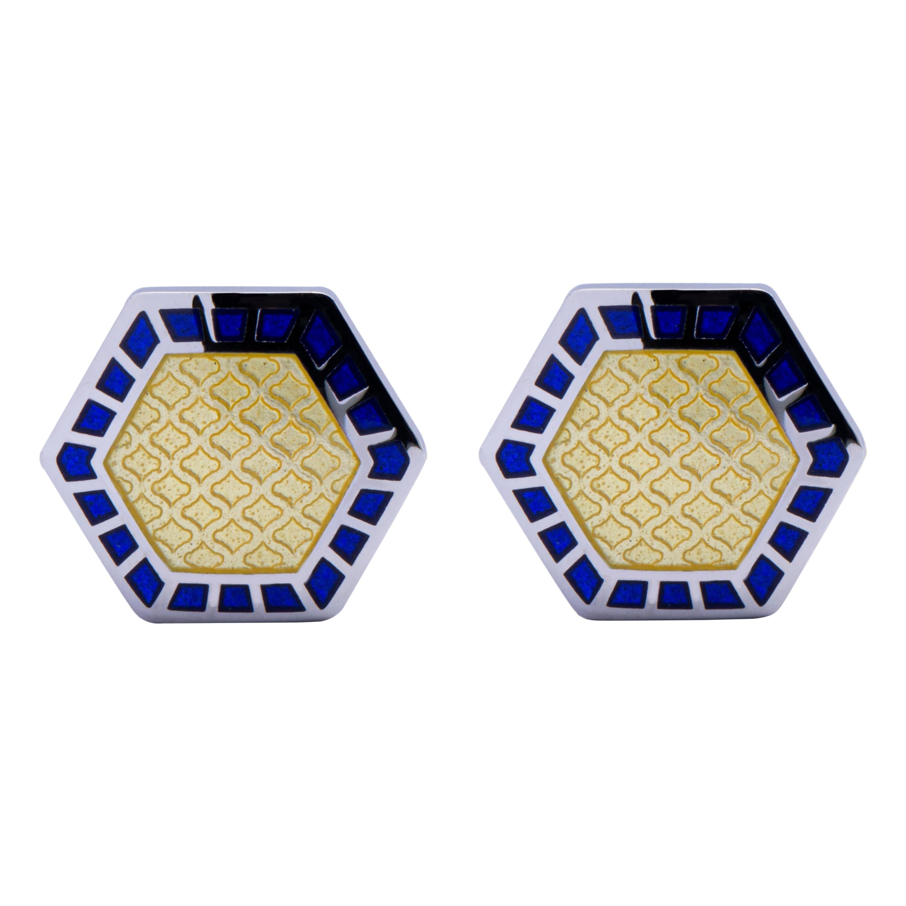 Art Deco Sterling Silver Hexagonal Yellow Enamel Cufflinks For Sale at ...