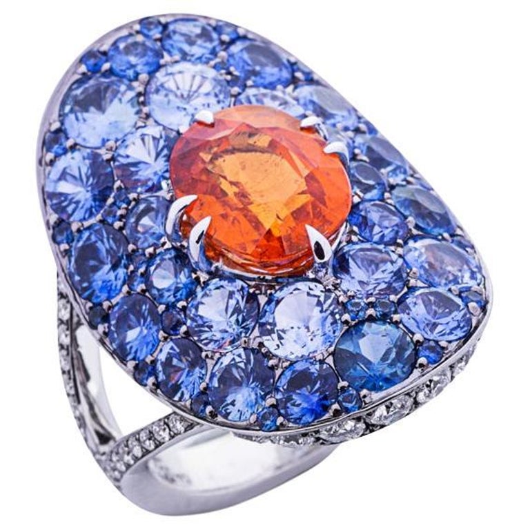Alex Jona Mandarin Garnet Blue Sapphire White Diamond White Gold Ring ...