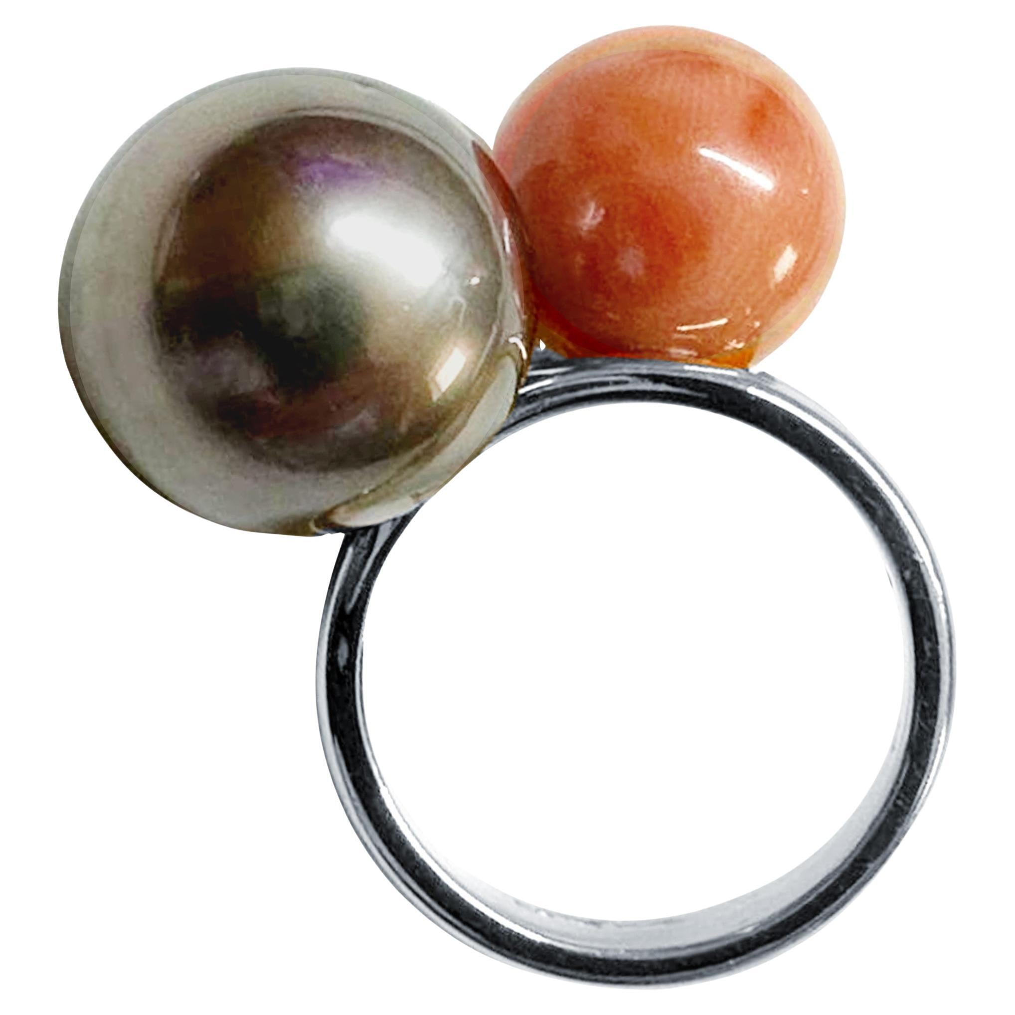 Alex Jona Mediterranean Coral Tahiti Pearl 18 Karat White Gold Ring For ...