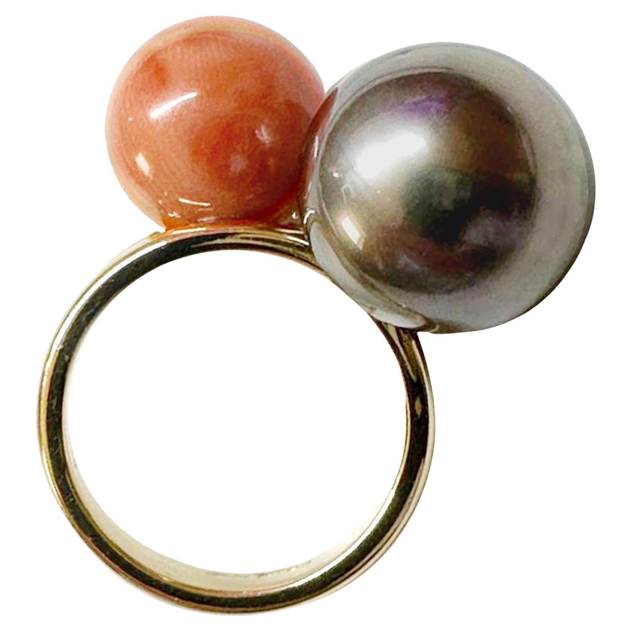 Alex Jona Mediterranean Coral Tahiti Pearl 18 Karat White Gold Ring For ...