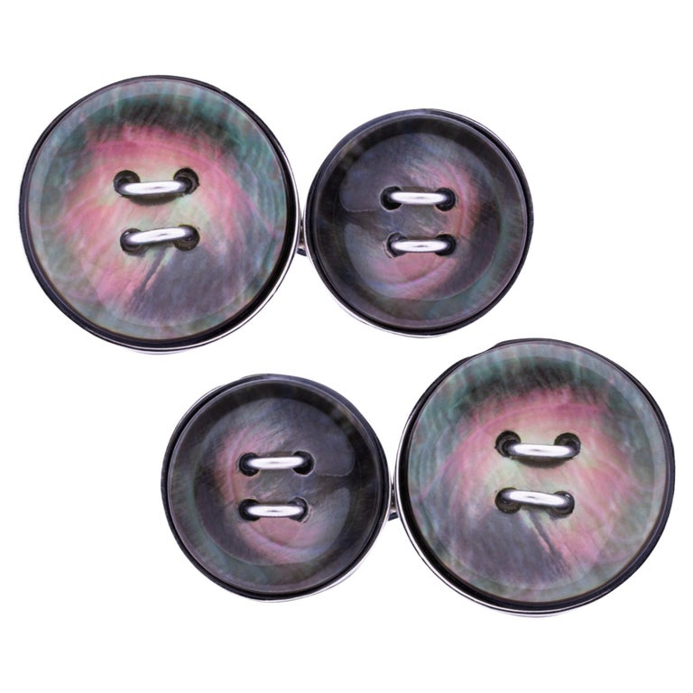 Sterling Silver Grey Mother-of-Pearl Button Cufflinks For Sale at 1stDibs